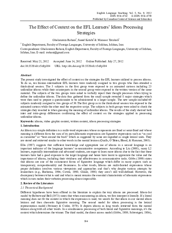 Pdf The Effect Of Context On The Efl Learners Idiom Processing Strategies