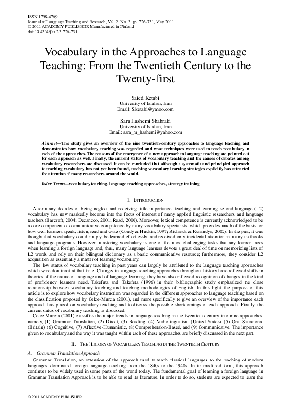 (PDF) Vocabulary in the Approaches to Language Teaching: From the ...