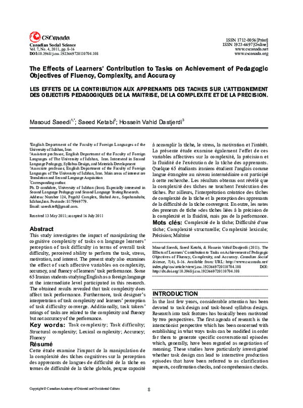 (PDF) The Effects of Learners’ Contribution to Tasks on Achievement of Pedagogic Objectives of ...