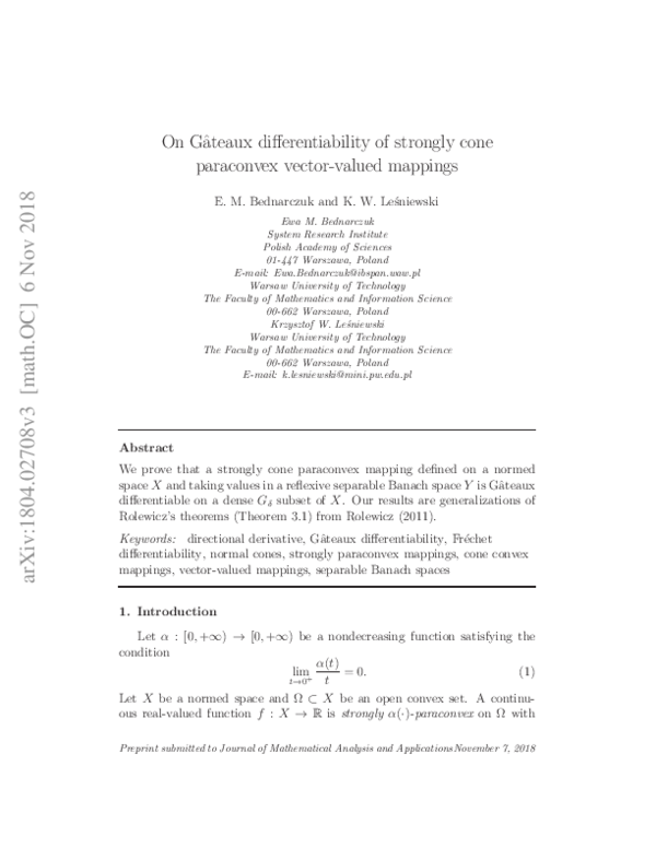 (PDF) On Gâteaux differentiability of strongly cone paraconvex vector-valued mappings