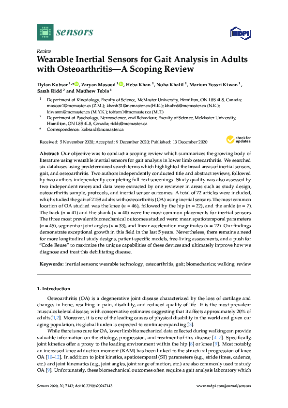 Pdf Wearable Inertial Sensors For Gait Analysis In Adults With Osteoarthritis—a Scoping Review