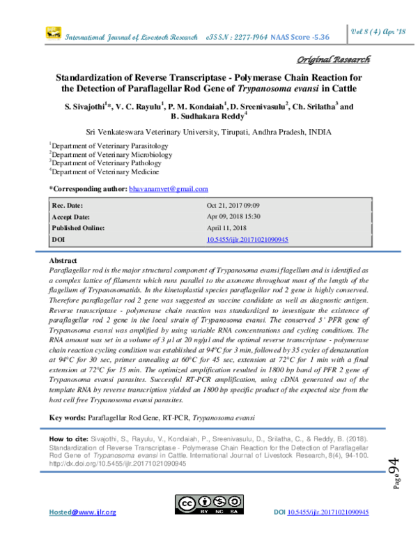 Pdf Standardization Of Reverse Transcriptase Polymerase Chain Reaction For The Detection Of