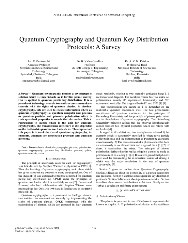 (PDF) Quantum Cryptography and Quantum Key Distribution Protocols: A Survey