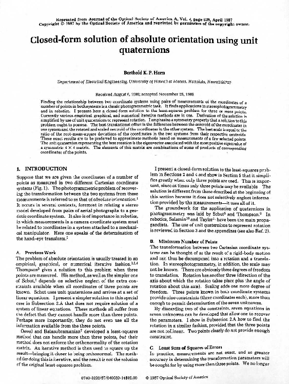 (PDF) Closed-form solution of absolute orientation using orthonormal matrices