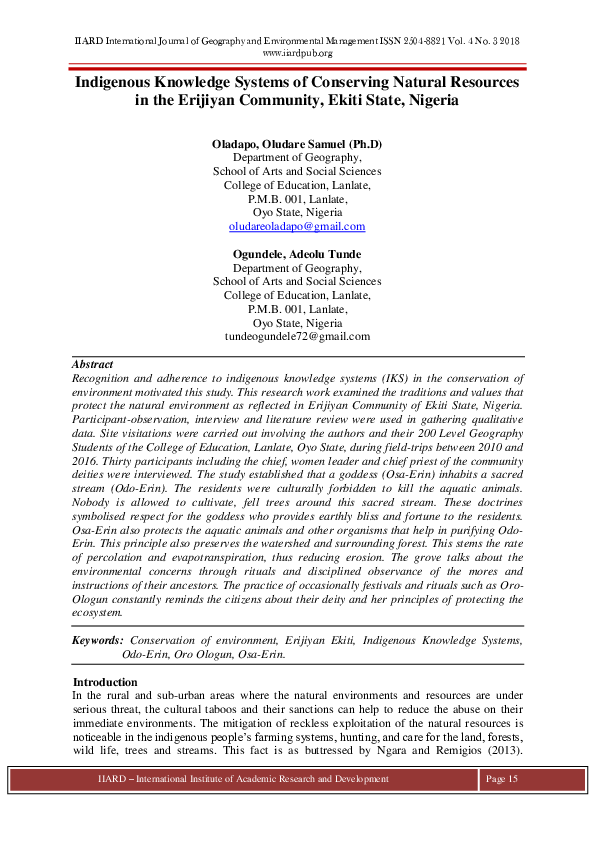 (PDF) Indigenous Knowledge Systems of Conserving Natural Resources in the Erijiyan Community ...