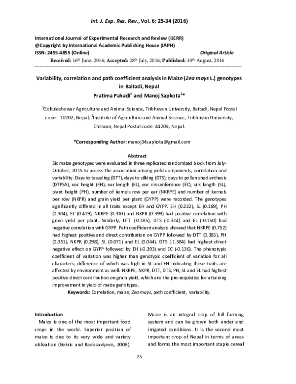 Pdf Variability Correlation And Path Coefficient Analysis In Maize Zea Mays L Genotypes In