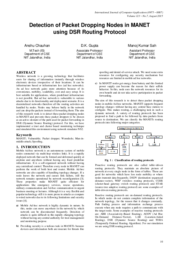 Pdf Detection Of Packet Dropping Nodes In Manet Using Dsr Routing Protocol