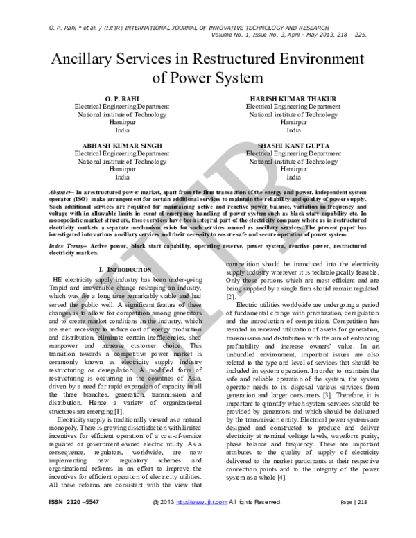 (PDF) Ancillary Services in Restructured Environment of Power System