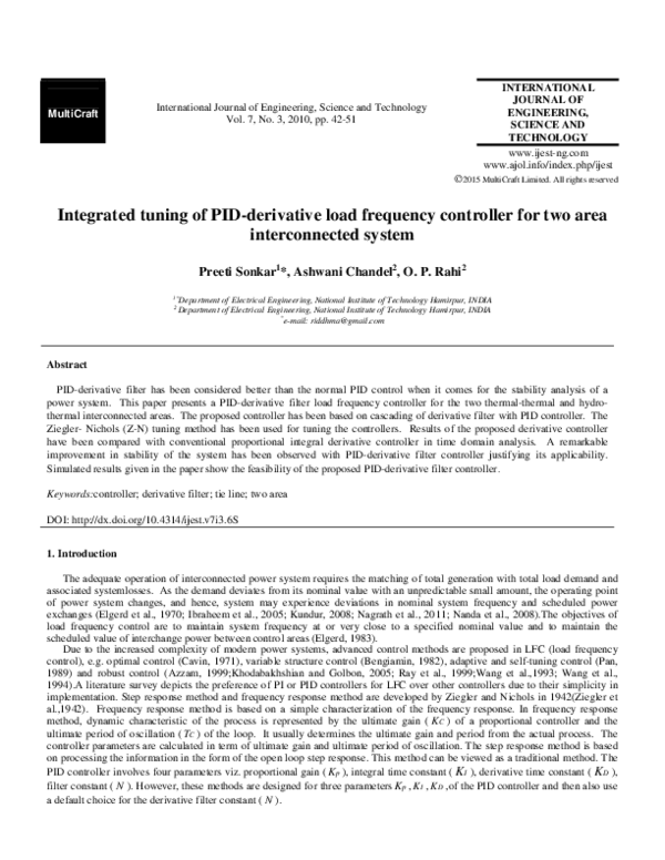 (PDF) Integrated tuning of PID-derivative load frequency controller for two area interconnected ...