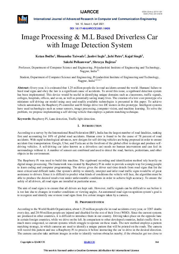 (PDF) Image Processing M.L Based Driverless Car with Image Detection System