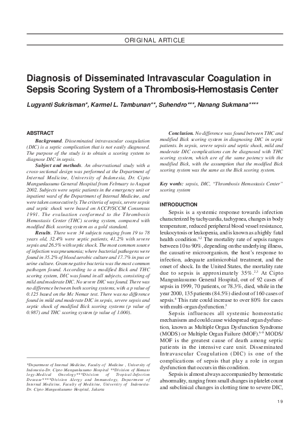 (PDF) Diagnosis of disseminated intravascular coagulation in sepsis ...
