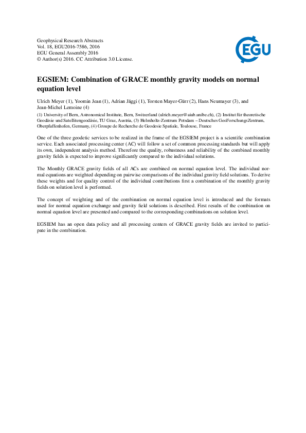 (PDF) Combination of GRACE monthly gravity models on normal equation level