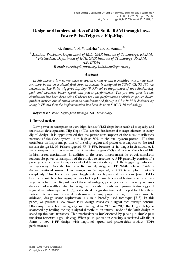 (PDF) Design and Implementation of 4 Bit Static RAM through Low-Power Pulse-Triggered Flip-Flop