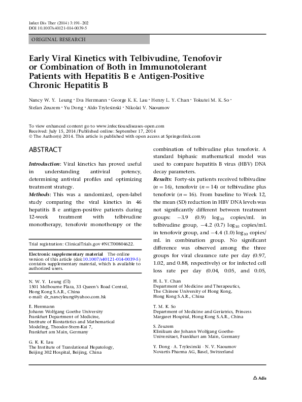 (PDF) Early Viral Kinetics with Telbivudine, Tenofovir or Combination ...