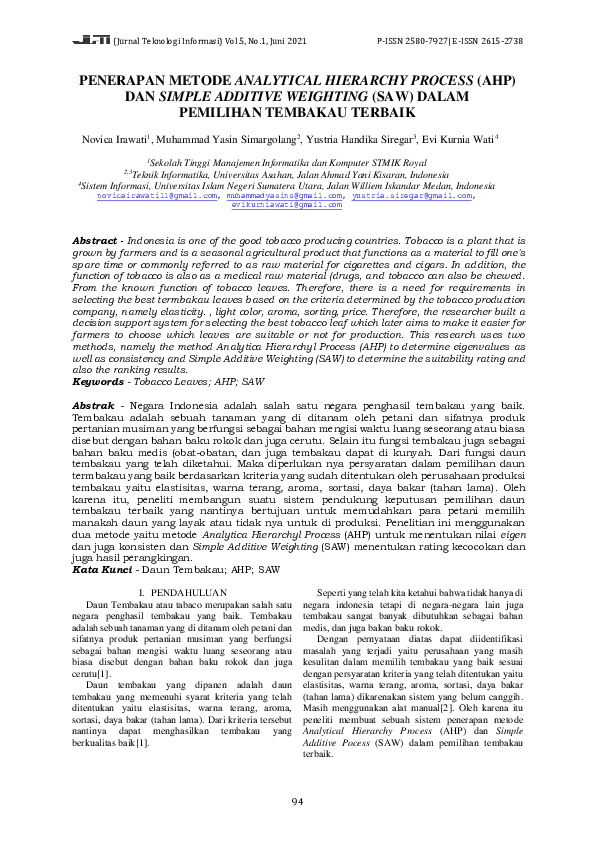 (PDF) Penerapan Metode Analytical Hierarchy Process (AHP) dan Simple Additive Weighting (SAW ...