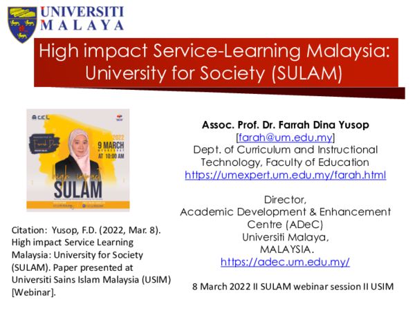 (PDF) High Impact Service Learning Malaysia: University for Society (SULAM)