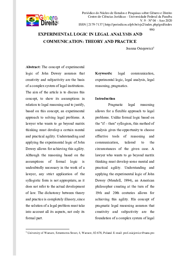 (PDF) Experimental Logic in Legal Analysis and Communication