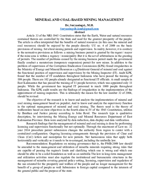 (PDF) Mineral and Coal-Based Mining Management