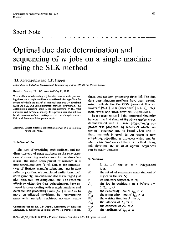 (PDF) Optimal due date determination and sequencing of jobs on a single machine using the SLK method