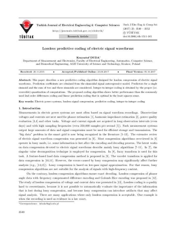 (PDF) Lossless predictive coding of electric signal waveforms