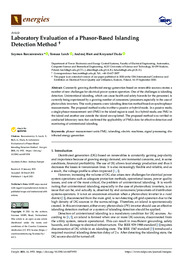Pdf Laboratory Evaluation Of A Phasor Based Islanding Detection Method