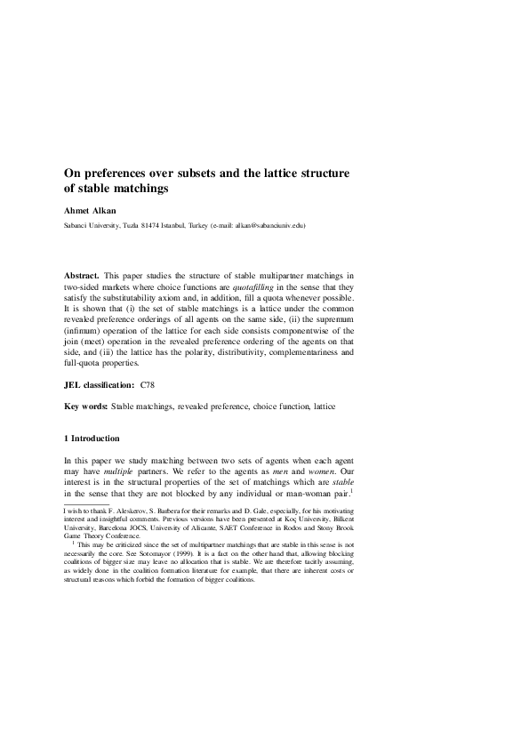 (PDF) On preferences over subsets and the lattice structure of stable ...