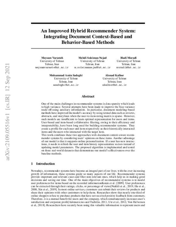 Pdf An Improved Hybrid Recommender System Integrating Document Context Based And Behavior
