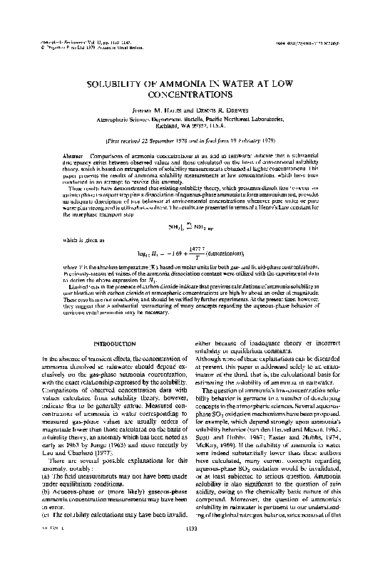 (PDF) Solubility of ammonia in water at low concentrations