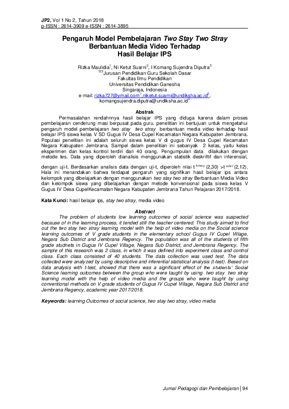 (PDF) Pengaruh model pembelajaran Two Stay Two Stray terhadap keaktifan ...