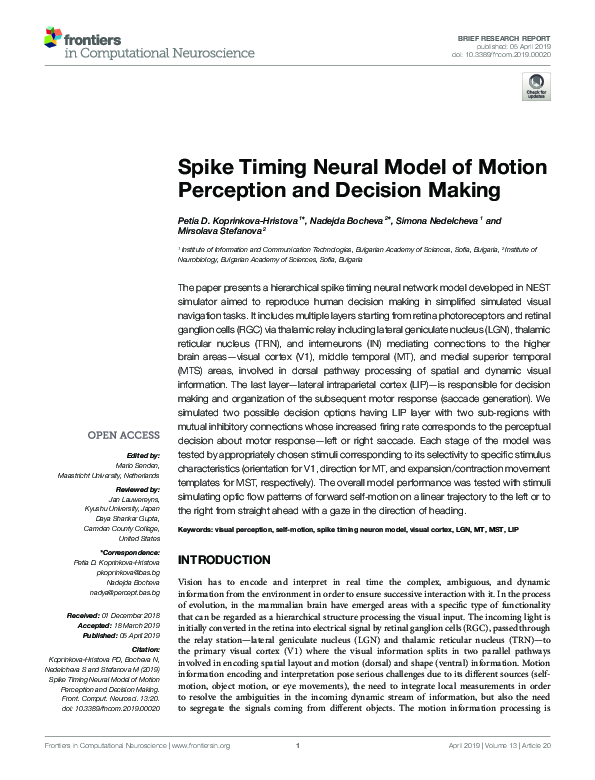 (PDF) Spike Timing Neural Model of Motion Perception and Decision Making | Petia Koprinkova ...