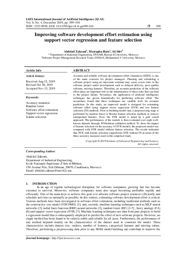 Pdf Improving Software Development Effort Estimating Using Support Vector Regression And