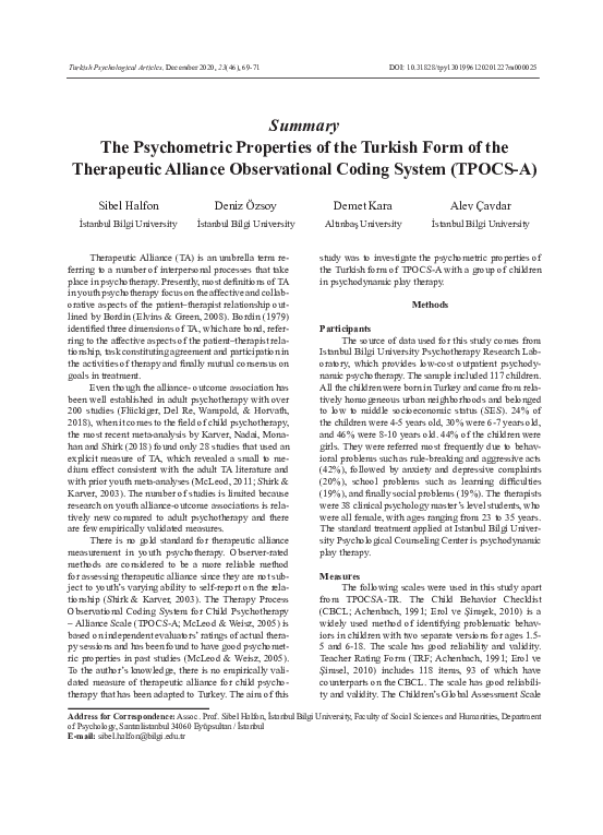 (PDF) The Psychometric Properties of the Turkish Form of the Therapeutic Alliance Observational ...