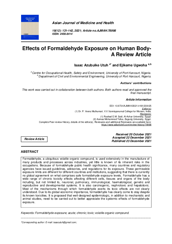 (PDF) Effects of Formaldehyde Exposure on Human Body-A Review Article