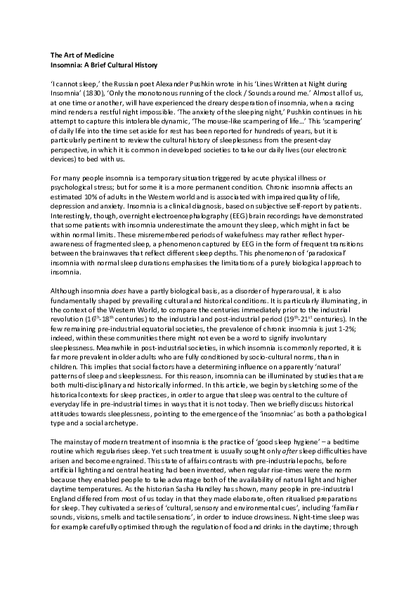 (PDF) Insomnia: a cultural history