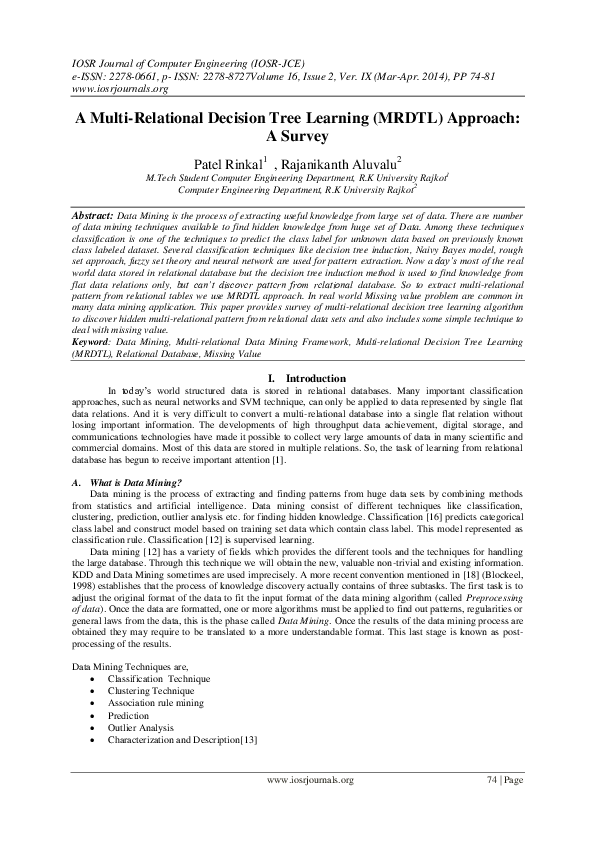 Pdf A Multi Relational Decision Tree Learning Mrdtl Approach A Survey