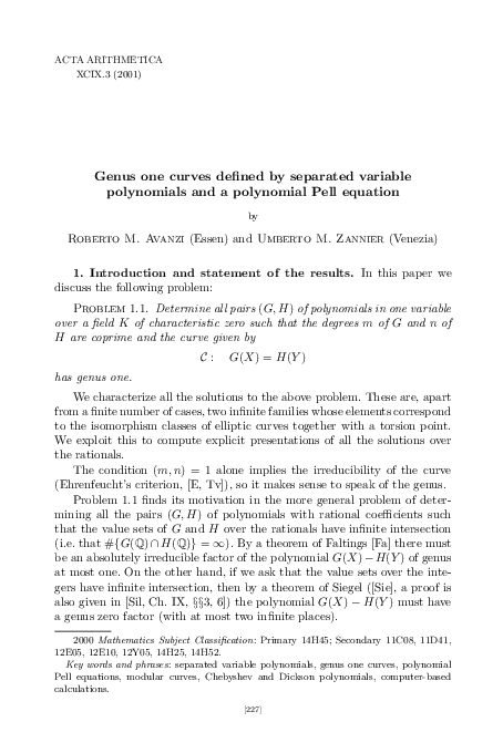 (PDF) Genus one curves defined by separated variable polynomials and a ...