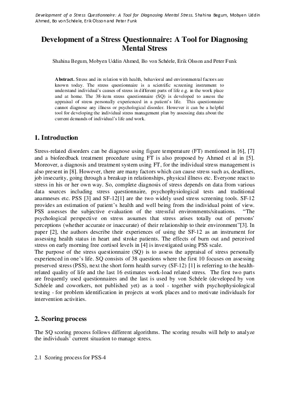 (PDF) Development of a Stress Questionnaire: A Tool for Diagnosing ...