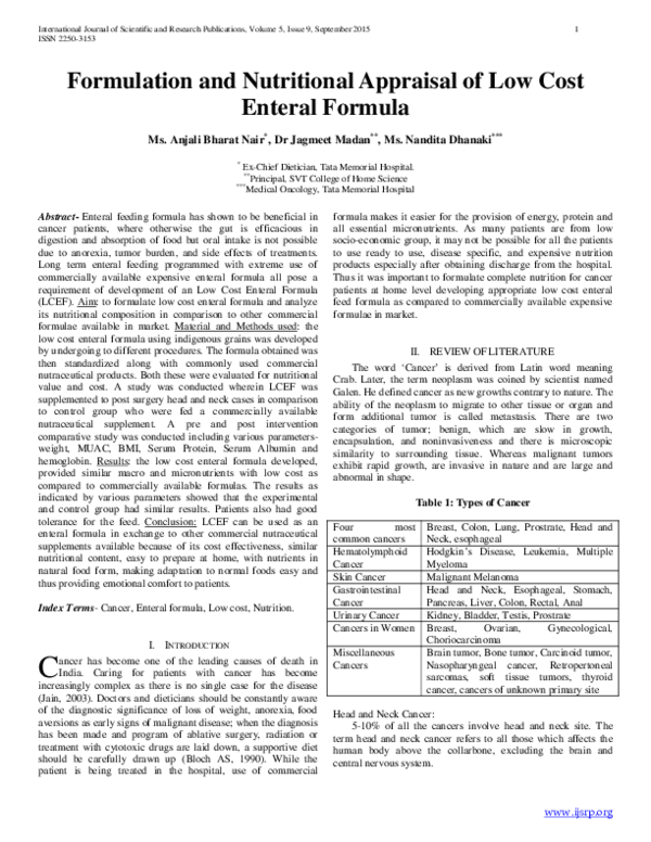 (PDF) Formulation and Nutritional Appraisal of Low Cost Enteral Formula Ms