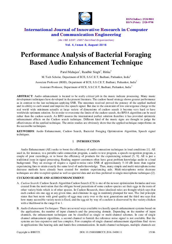 Pdf A Review On Bacterial Foraging Optimization Based Audio Enhancement
