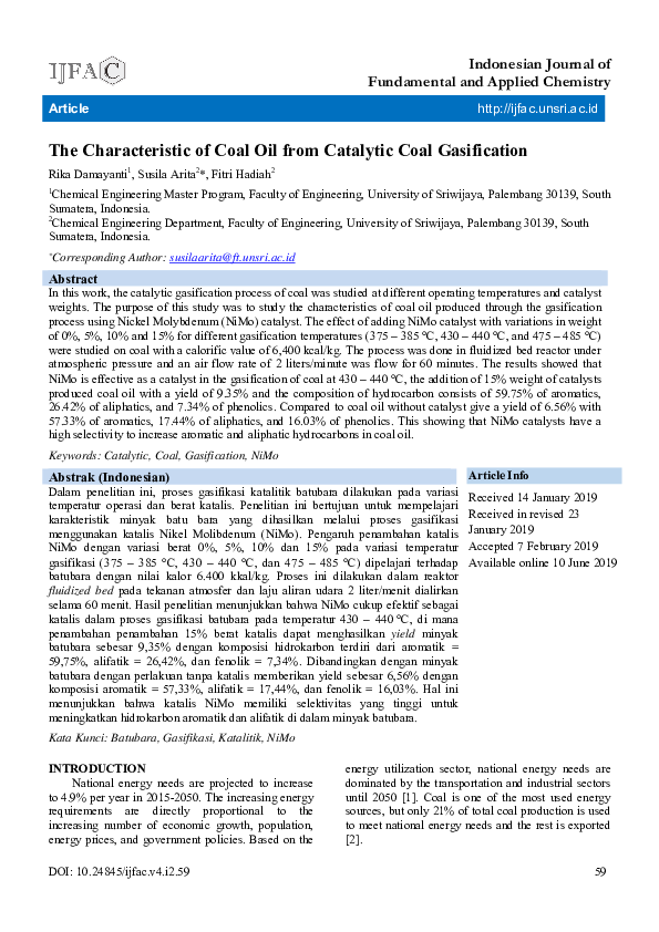 (PDF) Catalytic Gasification of Coal: NiMo Effects on Oil Yield