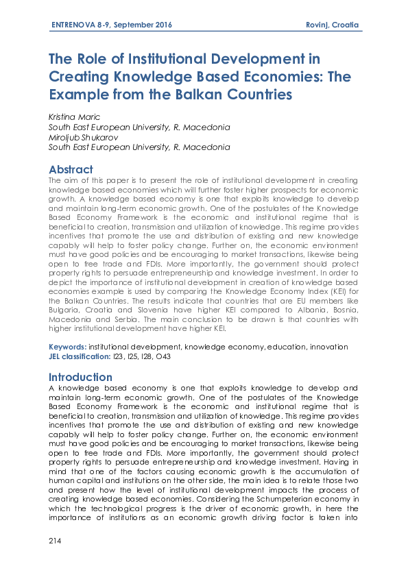 (PDF) The Role of Institutional Development in Creating Knowledge Based ...