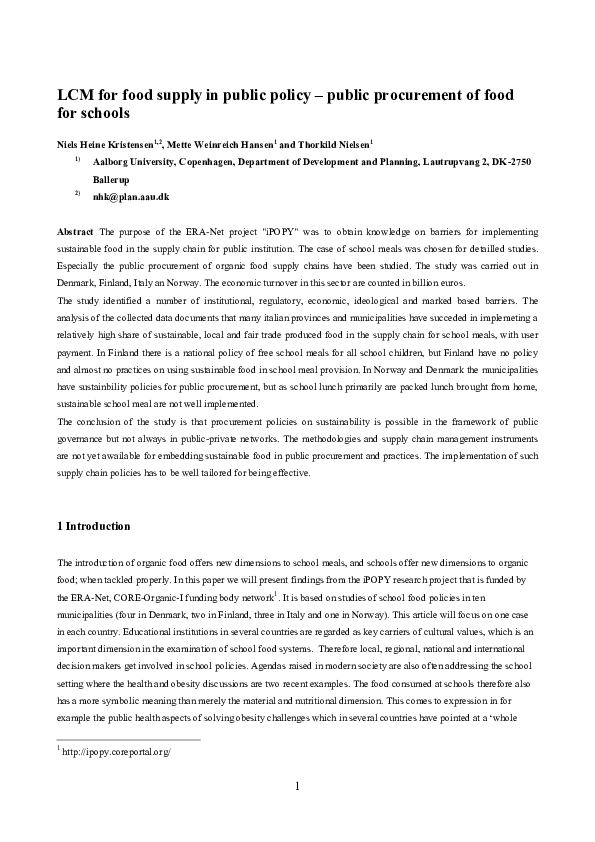 (PDF) Food supply in public policy – public procurement of food for schools