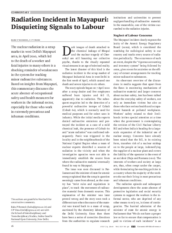 (PDF) Radiation incident in Mayapuri: disquieting signals to labour