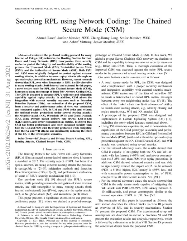 Pdf Securing Rpl Using Network Coding The Chained Secure Mode Csm