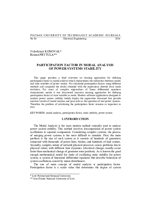 (PDF) Participation factor in modal analysis of power systems stability