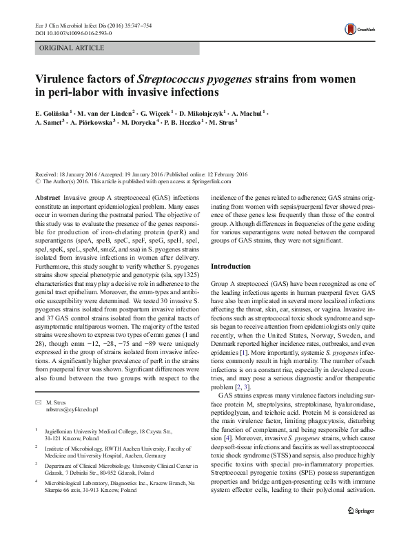 Pdf Virulence Factors Of Streptococcus Pyogenes Strains From Women In Peri Labor With Invasive