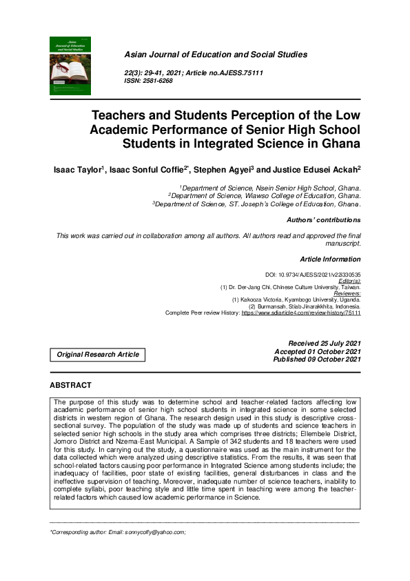 (PDF) Teachers and Students Perception of the Low Academic Performance ...