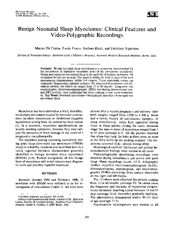 (PDF) Benign neonatal sleep myoclonus: Clinical features and video ...
