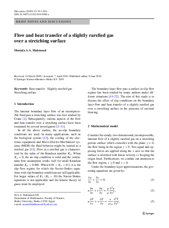 (PDF) Flow and heat transfer of a slightly rarefied gas over a ...