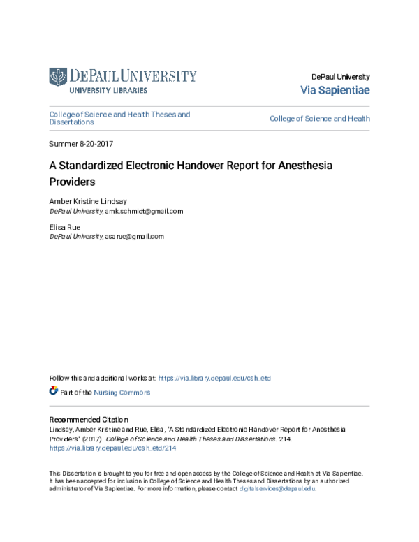 (PDF) A Standardized Electronic Handover Report for Anesthesia Providers